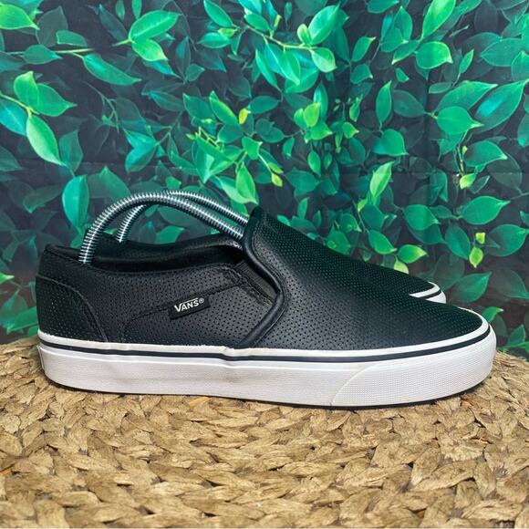 Vans | Shoes | Vans Slip On Black Leather Perforated Women 75 | Poshmark